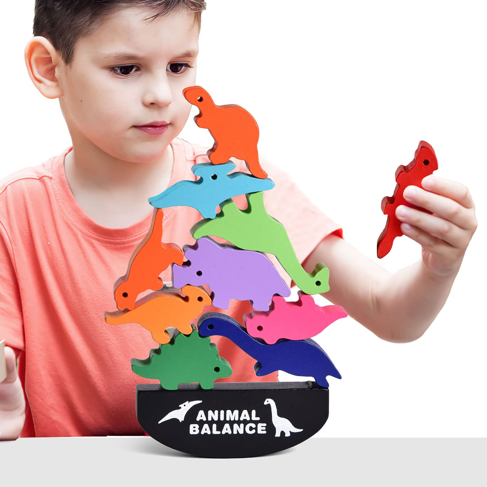 10 pcs Wooden Animal Balance Dinosaurs Blocks for Toddlers | Build-A ...